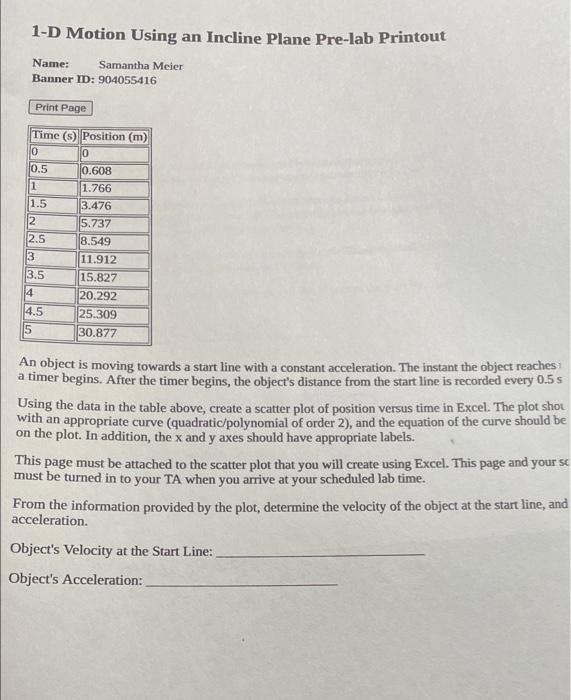 Solved 1-D Motion Using an Incline Plane Pre-lab Printout | Chegg.com