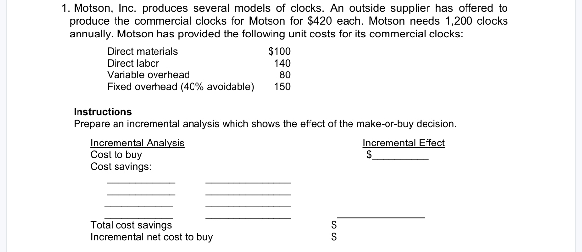 Solved Motson, Inc. produces several models of clocks. An | Chegg.com