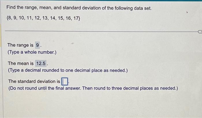 Solved Find the range, mean, and standard deviation of the | Chegg.com