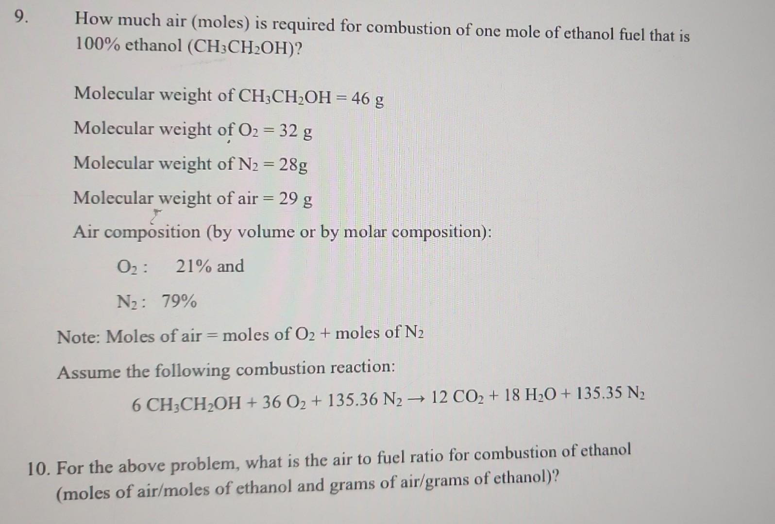 Solved How much air (moles) is required for combustion of | Chegg.com