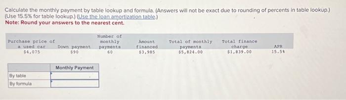 Solved Calculate the monthly payment by table lookup and | Chegg.com