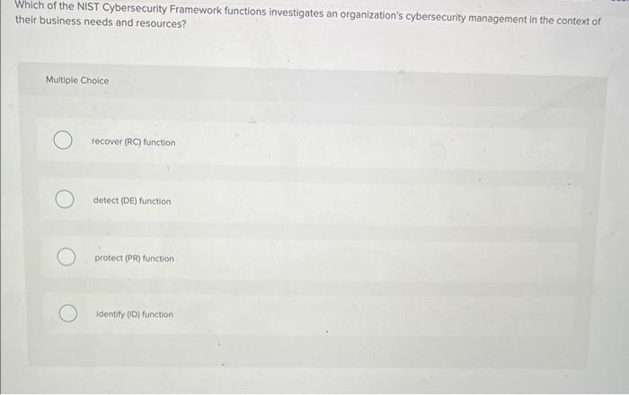 Solved Which of the NIST Cybersecurity Framework functions | Chegg.com