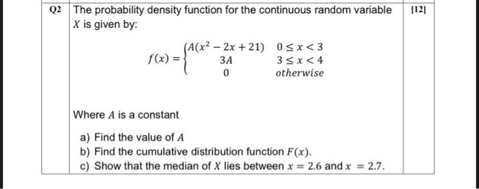 Solved 1121 Q2 The probability density function for the | Chegg.com
