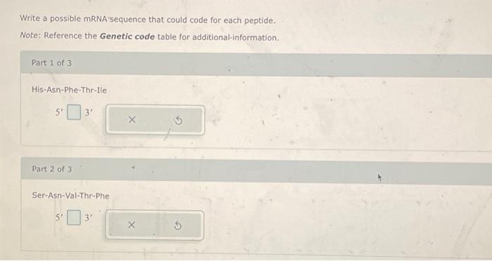 Solved Write a possible mRNA sequence that could code for | Chegg.com