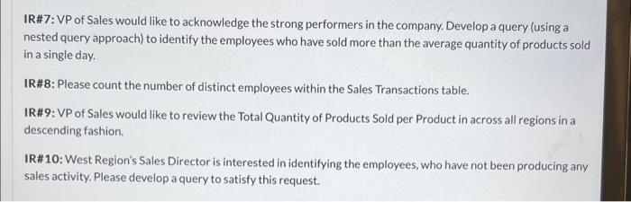 Solved IR\#1: Sales Operations Department requests you to | Chegg.com