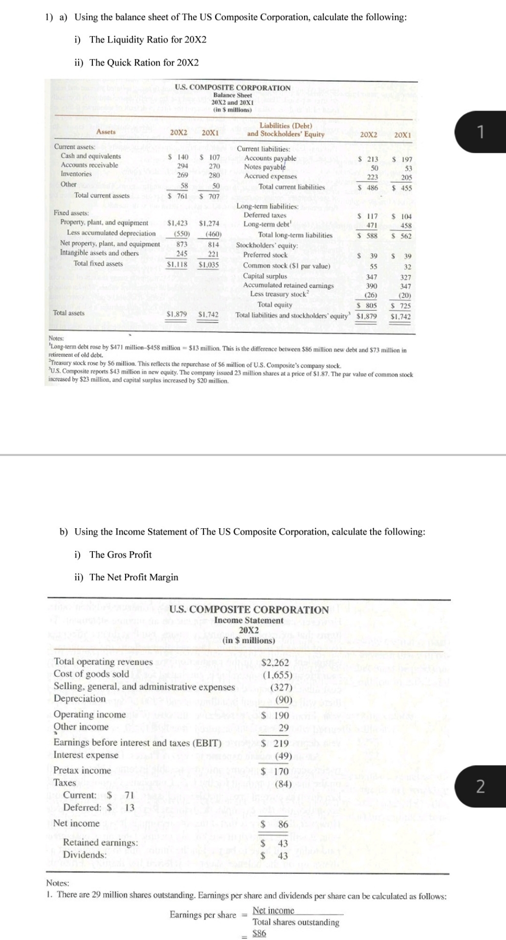 a) ﻿Using the balance sheet of The US Composite | Chegg.com