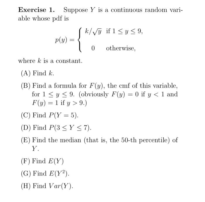 Solved Exercise 1. Suppose Y is a continuous random variable | Chegg.com