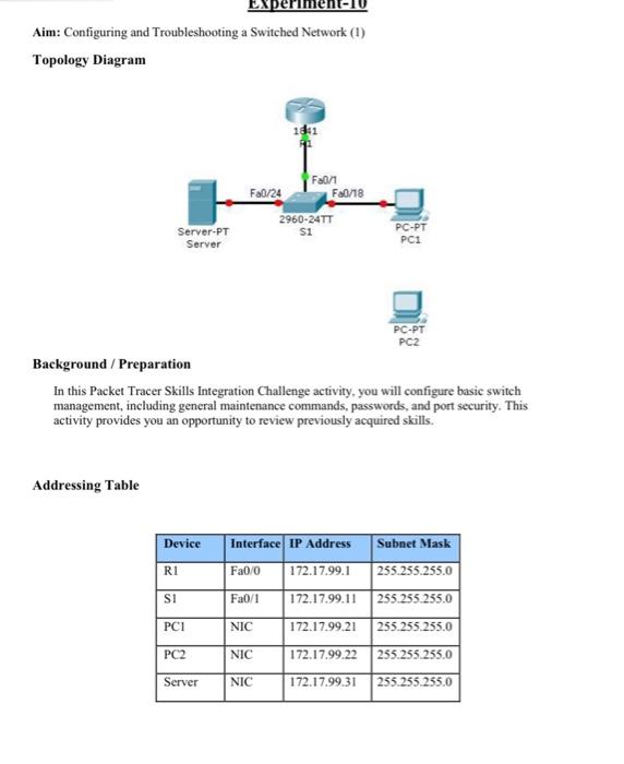 Solved EX Aim: Configuring and Troubleshooting a Switched | Chegg.com