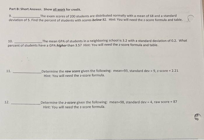 Solved Part B: Short Answer. Show all work for credit. 9. | Chegg.com