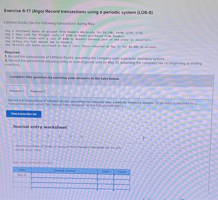 Solved Exercise 6-17 (Algo) Record transactions using a | Chegg.com