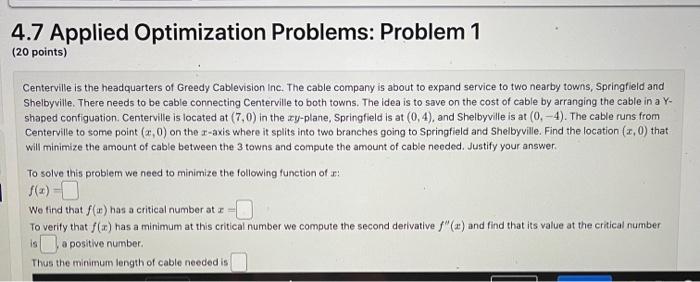 Solved 4.7 Applied Optimization Problems: Problem 1 (20 | Chegg.com