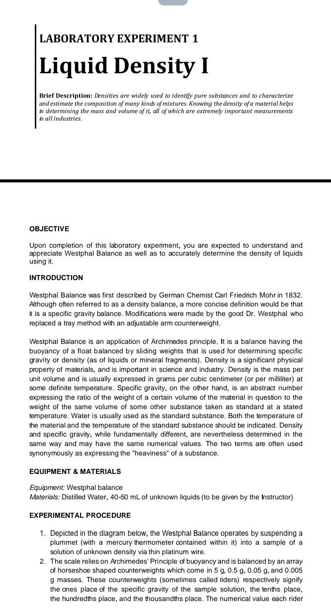 Solved LABORATORY EXPERIMENT 1 Liquid Density I Brief | Chegg.com