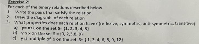 Solved Exercise 2: For each of the binary relations | Chegg.com
