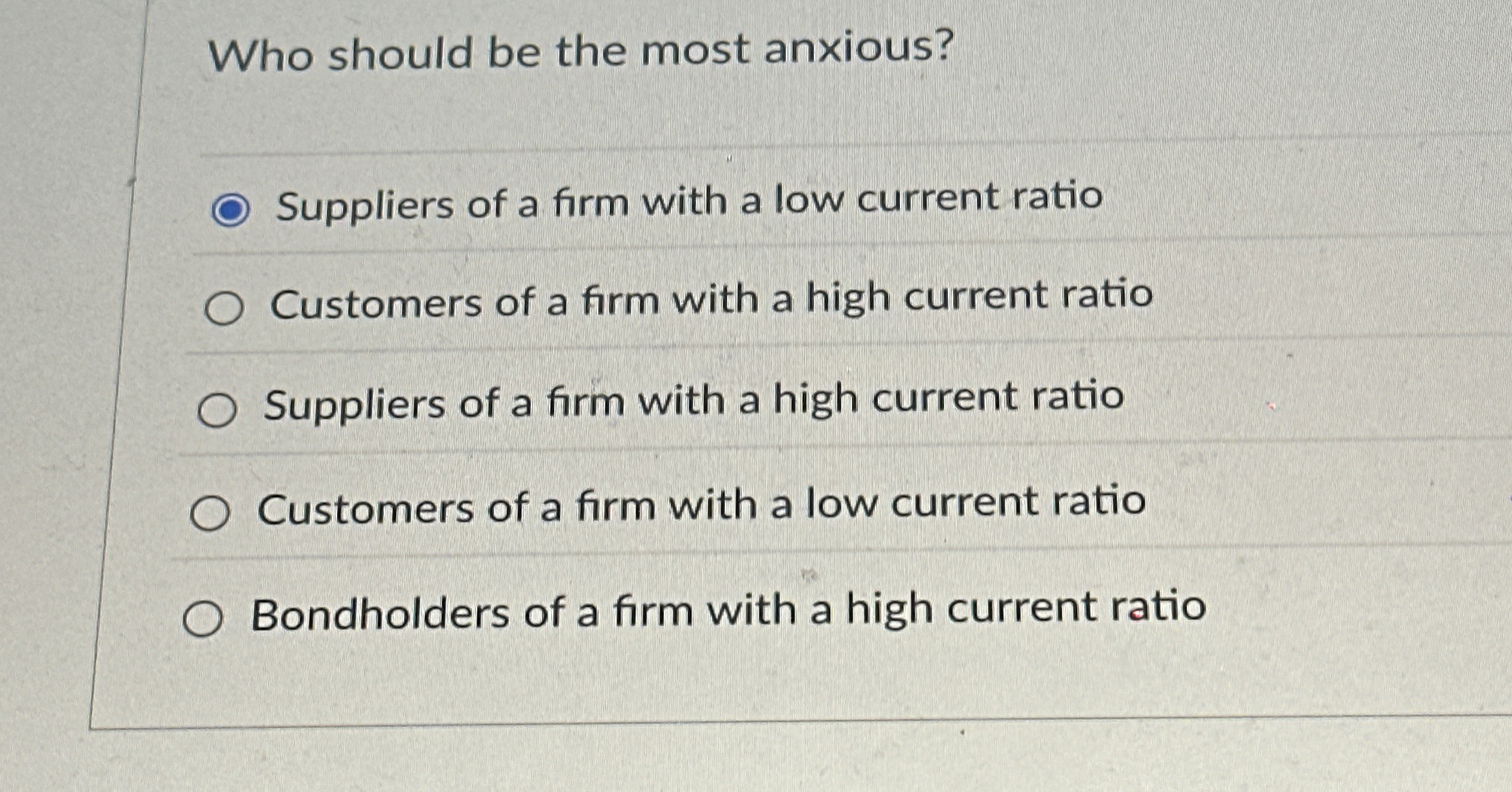 Solved Who should be the most anxious?Suppliers of a firm | Chegg.com