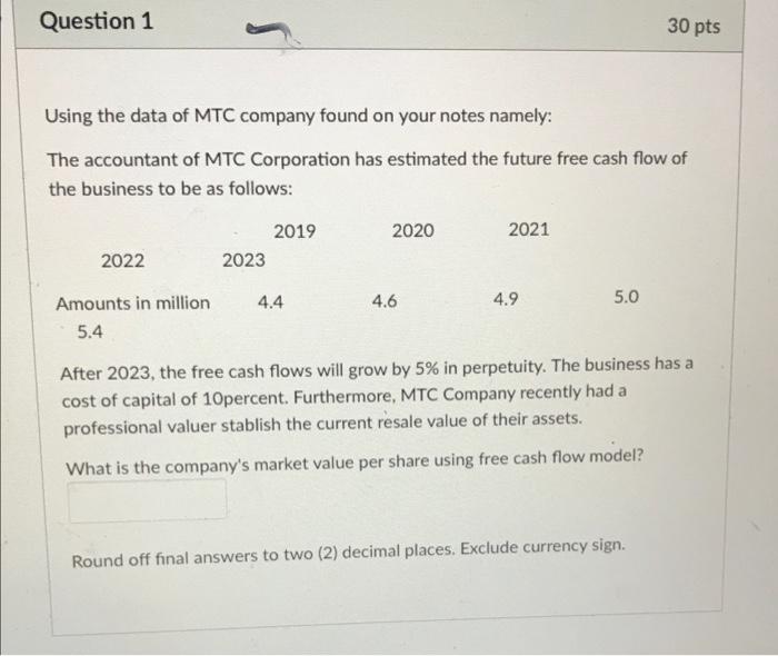 Solved Using the data of MTC company found on your notes | Chegg.com