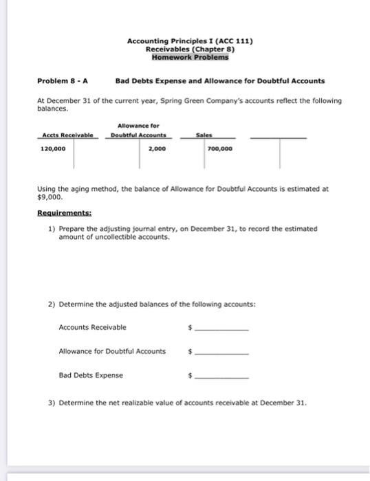 Solved Problem 8 - A Accts Receivable At December 31 of the | Chegg.com