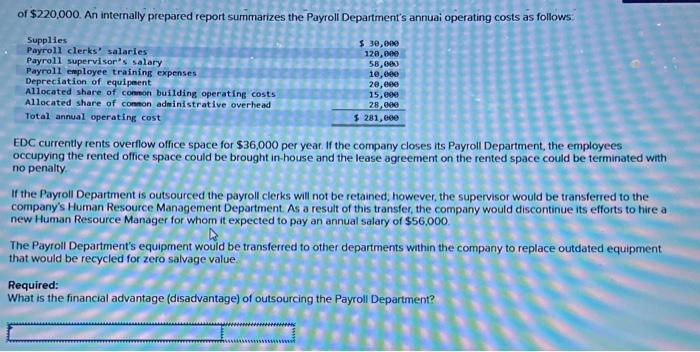 Solved of $220,000. An internally prepared report summarizes | Chegg.com