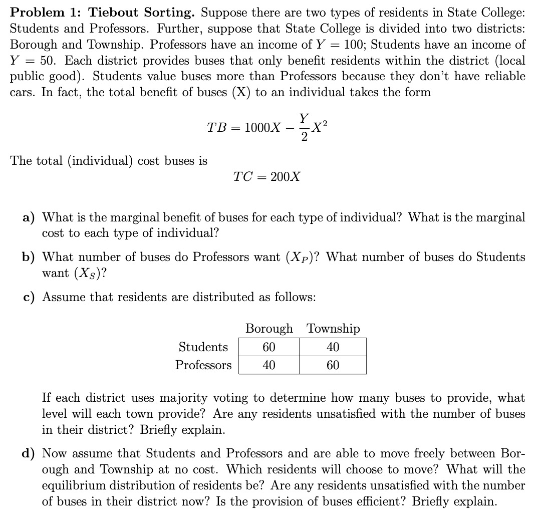 Solved Problem 1: Tiebout Sorting. Suppose there are two | Chegg.com