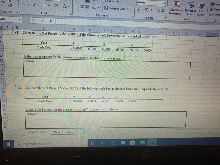 Solved Wrap Text General BIU - - lili + Merge & Center $ % | Chegg.com