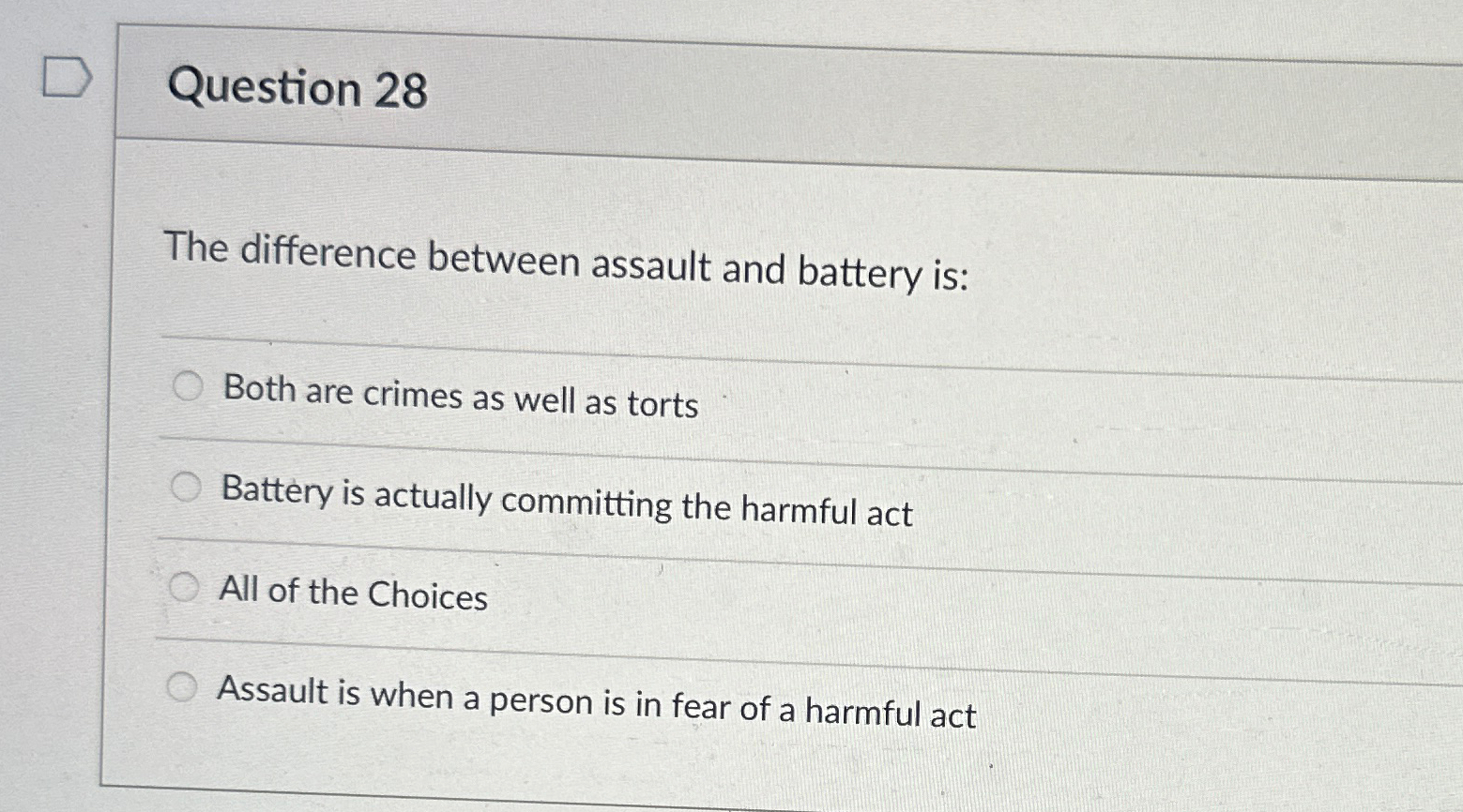 Solved Question 28The difference between assault and battery | Chegg.com