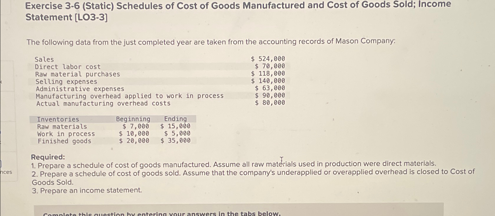 Solved Exercise 3-6 (Static) ﻿Schedules of Cost of Goods | Chegg.com