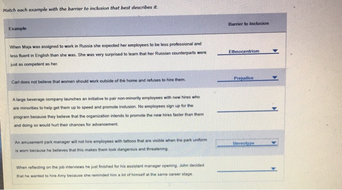 Solved Match each example with the barrier to inclusion that | Chegg.com