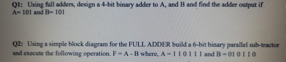 Solved Q1: Using full adders, design a 4-bit binary adder to | Chegg.com