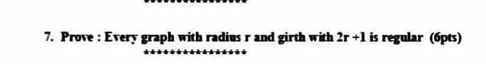 Solved 7. Prove: Every graph with radius r and girth with 2r | Chegg.com
