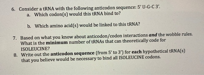 Solved 6. Consider a tRNA with the following anticodon | Chegg.com