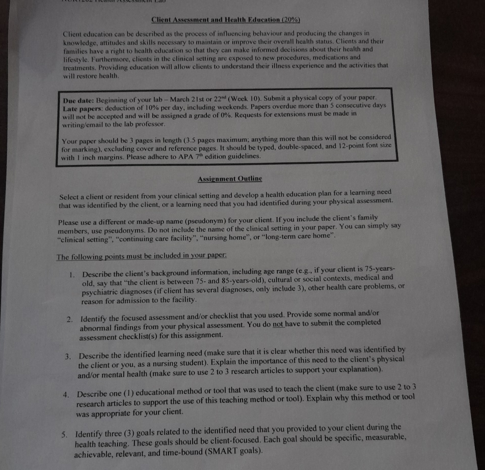 Solved Client Assessment and Health Education (20%)Client | Chegg.com