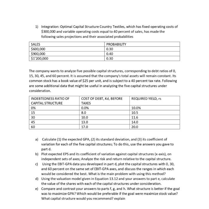 1) Integration: Optimal Capital Structure Country | Chegg.com