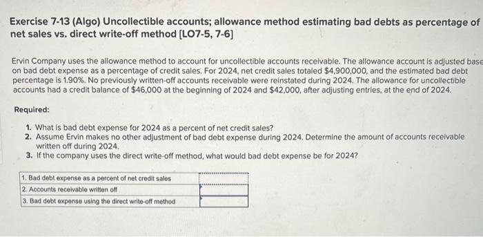 Solved Exercise 7-13 (Algo) Uncollectible accounts; | Chegg.com