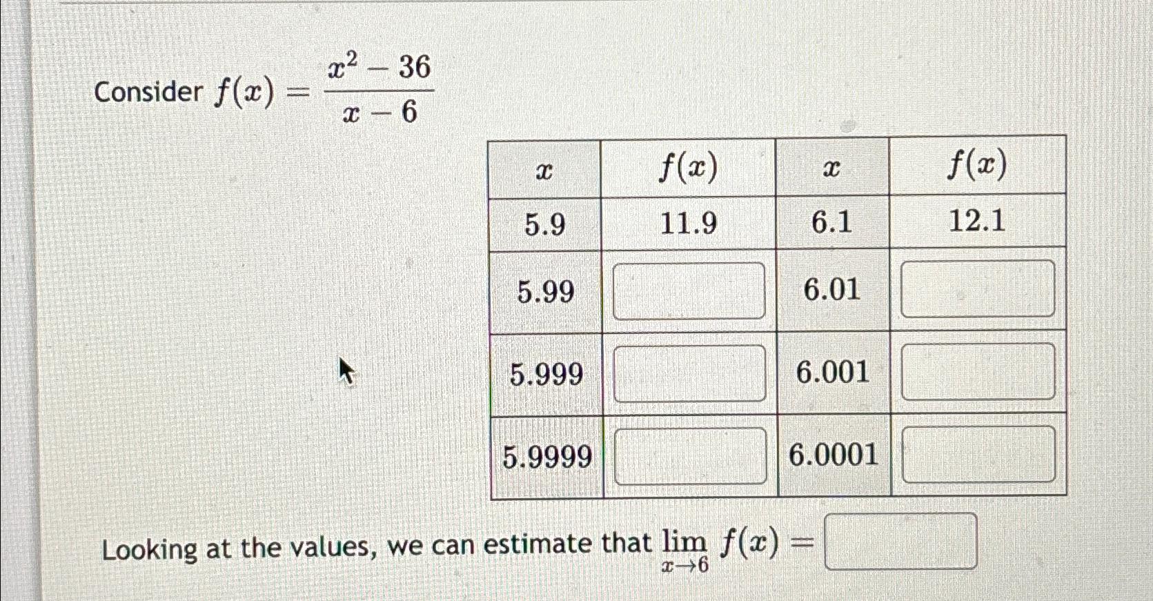 Solved Consider f(x)=x2-36x-6\table[[x,f(x),x,f(x) | Chegg.com