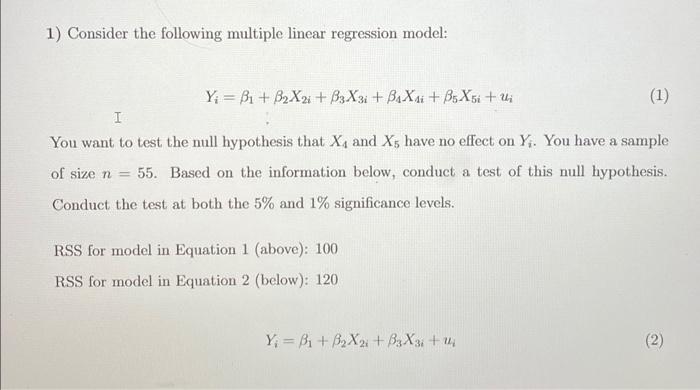 Solved 1) Consider the following multiple linear regression | Chegg.com