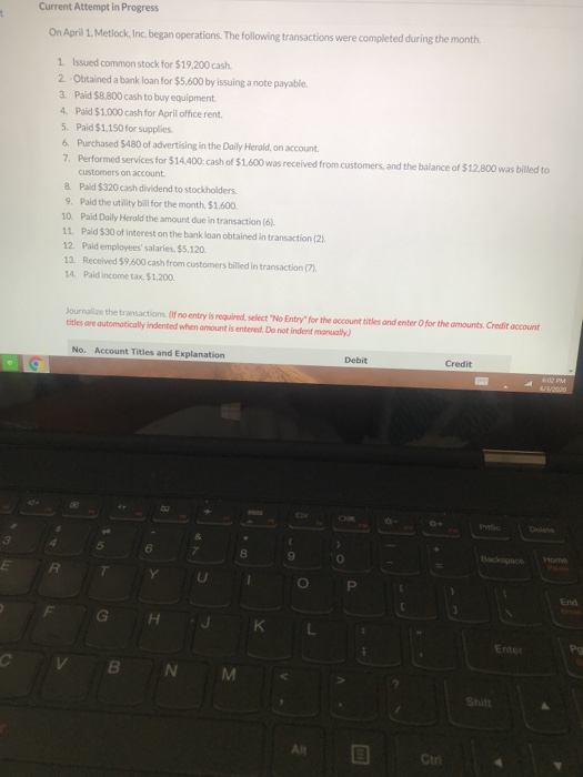 Solved Current Attempt in Progress On April 1. Metlock, Inc. | Chegg.com