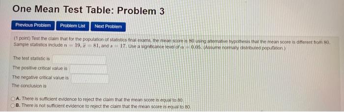 Solved One Mean Test Table: Problem 3 Previous Problem | Chegg.com