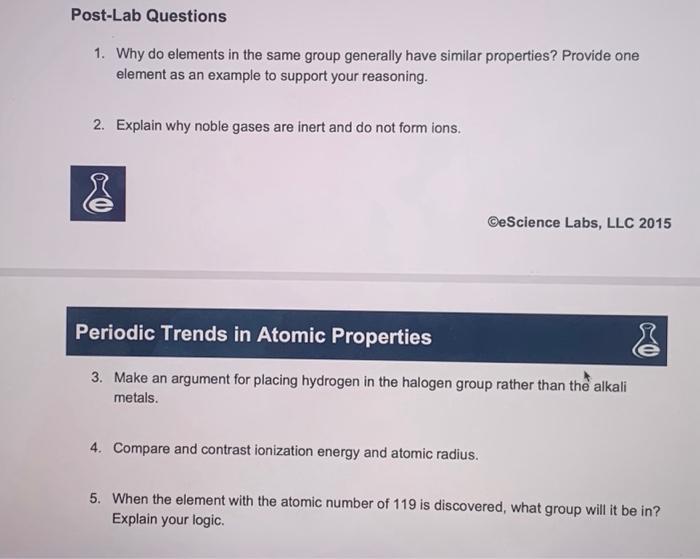 Solved Post-Lab Questions 1. Why do elements in the same | Chegg.com