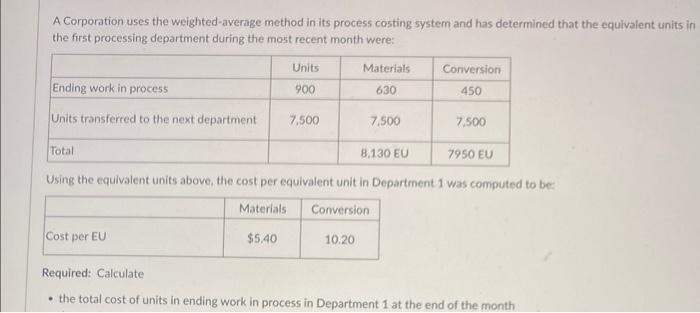 Solved the total cost of units in ending work in process in | Chegg.com