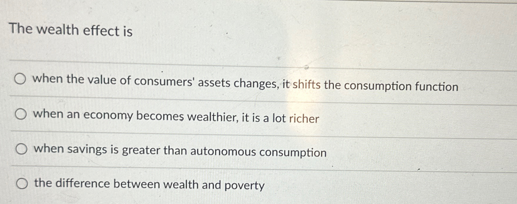 Solved The wealth effect iswhen the value of consumers' | Chegg.com