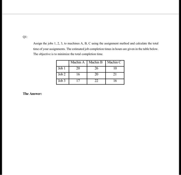 Solved Assign the jobs 1,2,3, to machines A,B,C using the | Chegg.com