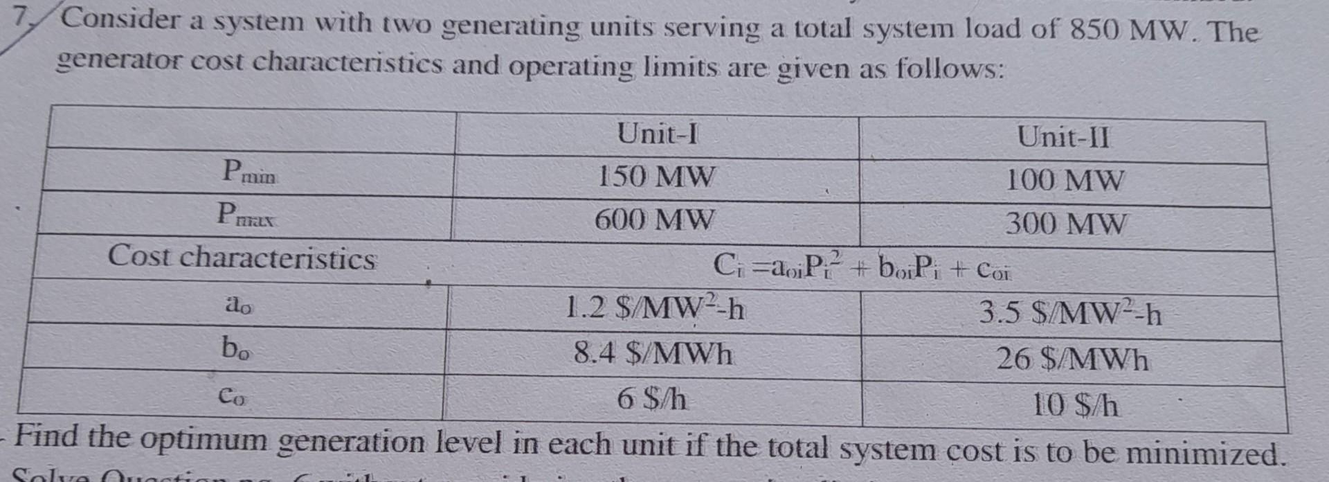 Solved Consider a system with two generating units serving a | Chegg.com