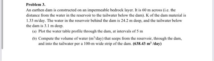Solved Problem 3. An earthen dam is constructed on an | Chegg.com