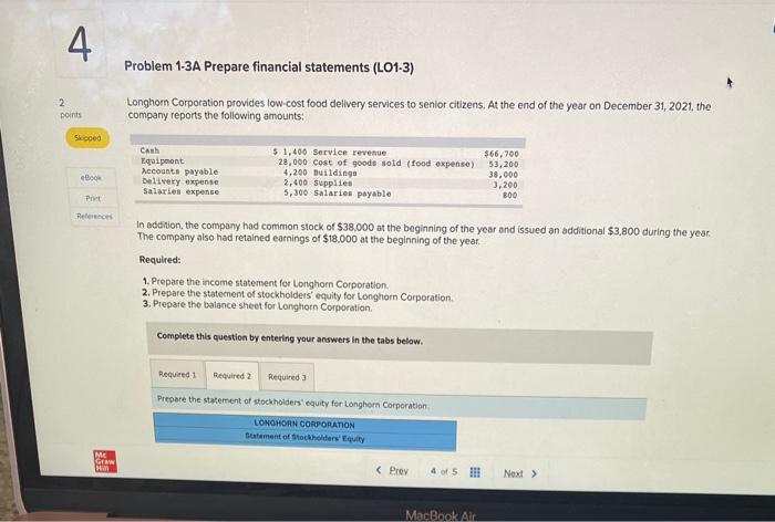 Solved 4 Problem 1-3A Prepare financial statements (L01-3) 2 | Chegg.com