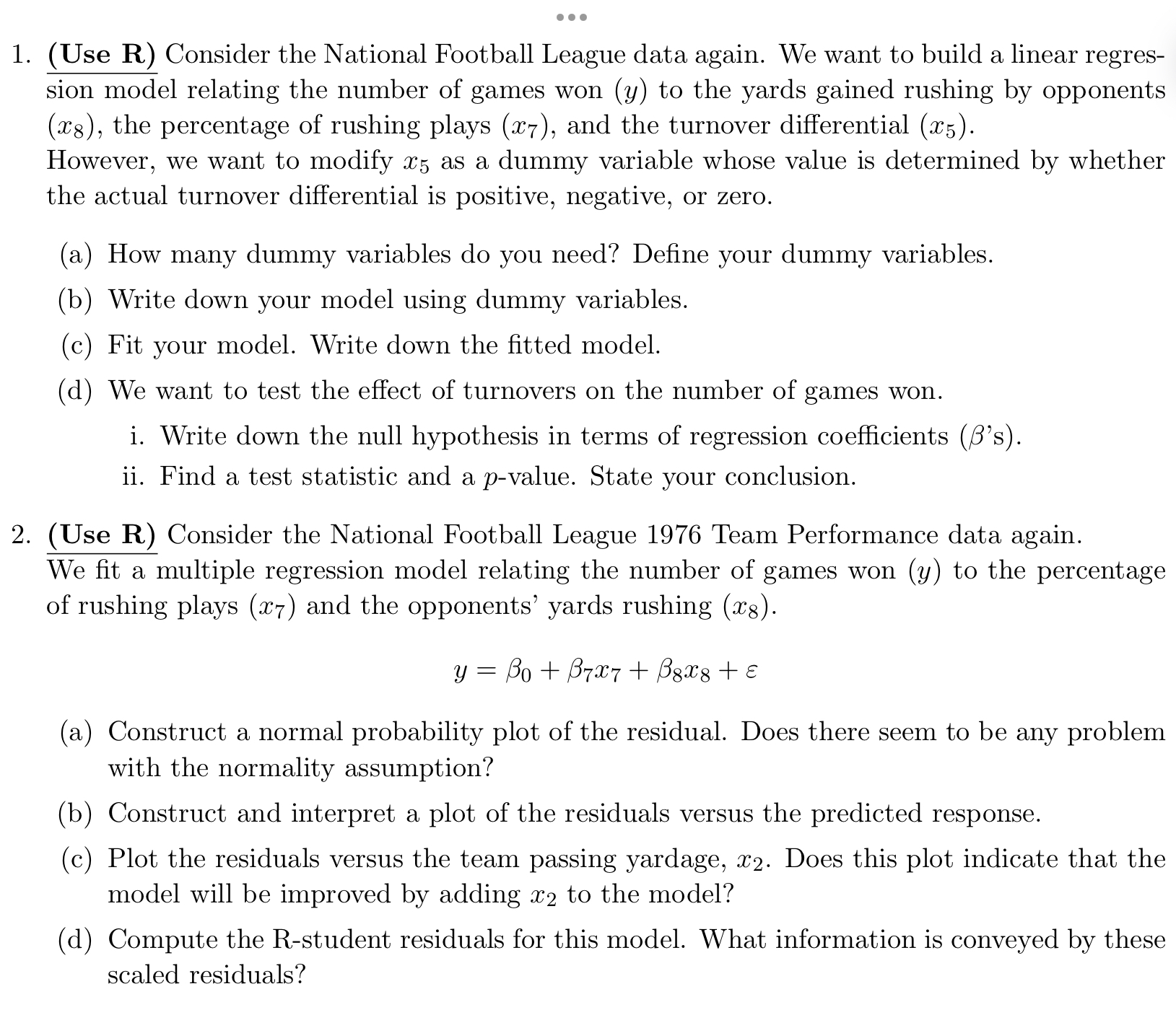 Solved (Use R) ﻿Consider the National Football League data | Chegg.com