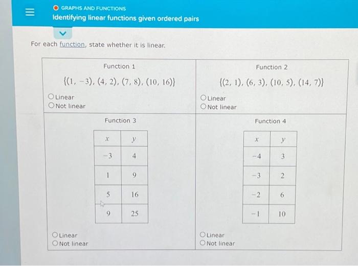 Solved GRAPHS AND FUNCTIONS Identifying linear functions | Chegg.com Solved GRAPHS AND FUNCTIONS Identifying linear functions | Chegg.com