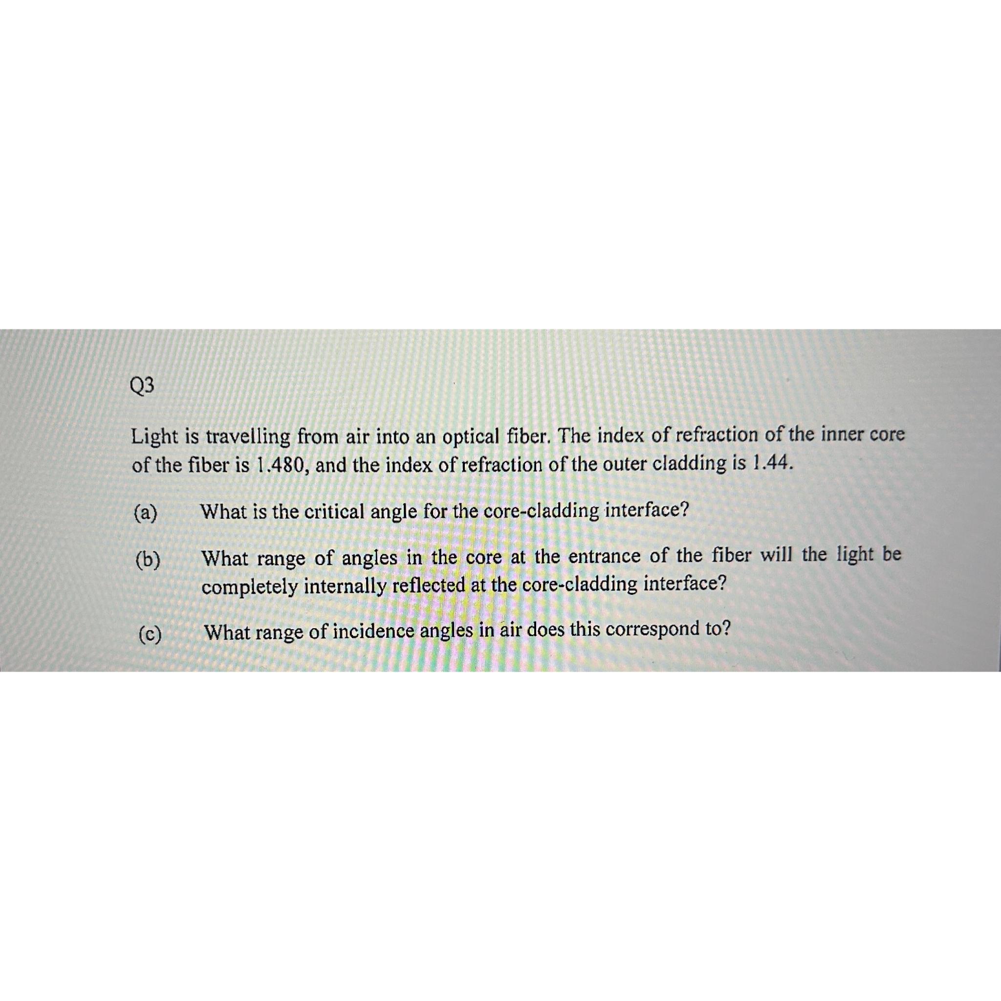 Solved Q3Light is travelling from air into an optical fiber. | Chegg.com