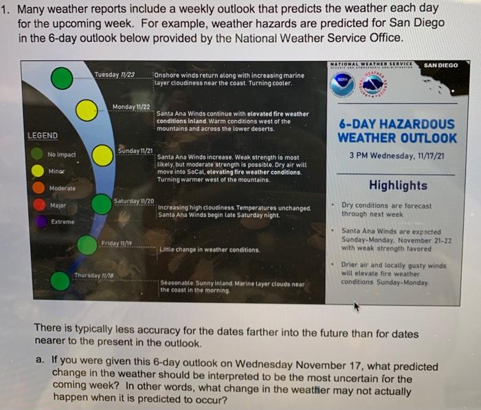 Solved 1. Many weather reports include a weekly outlook that | Chegg.com