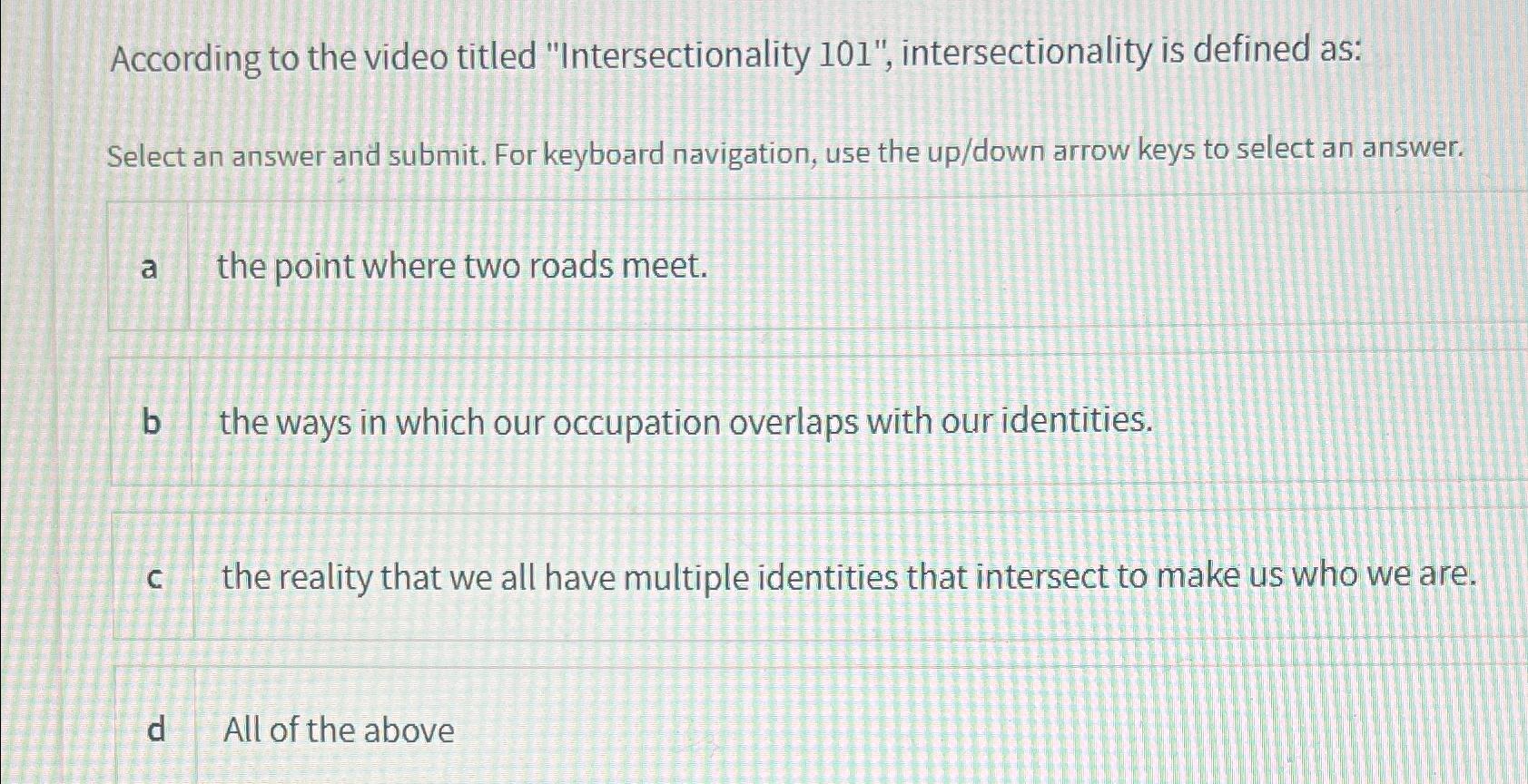 Solved According to the video titled "Intersectionality | Chegg.com