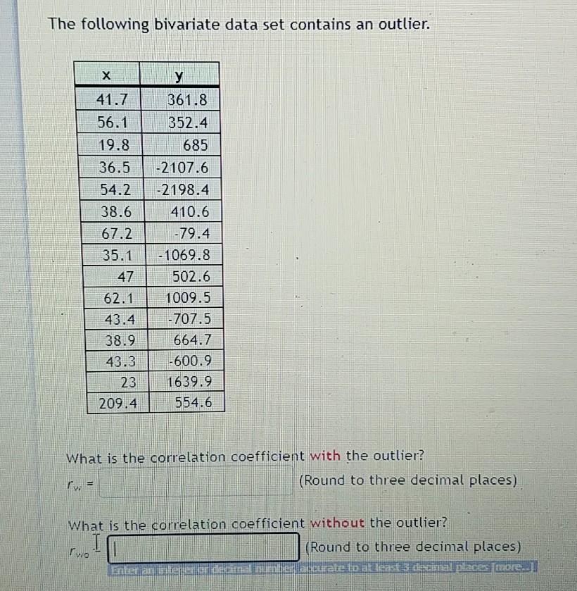 Solved The following bivariate data set contains an outlier. | Chegg.com