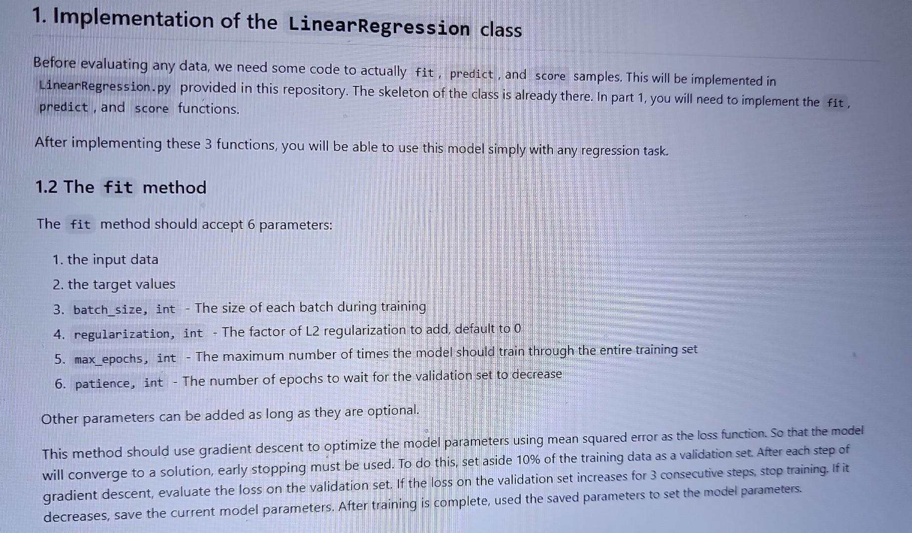 Solved 1. Impiementation of the LinearRegression class | Chegg.com